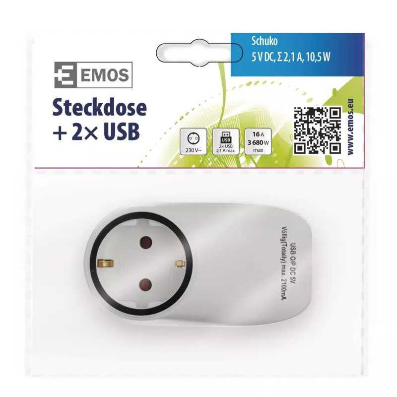 Utikač šuko adapter sa 2x USB A izlazom, 2,1 A, Emos - chipoteka.hr
